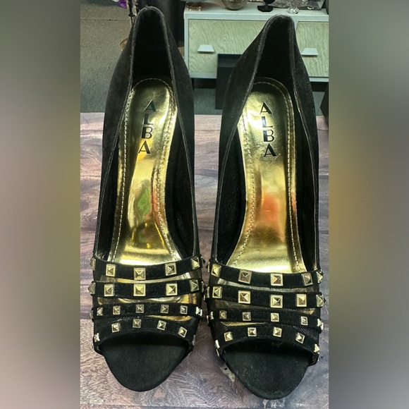 Alba | Shoes | Alba Black And Gold Studded Heels | Poshmark